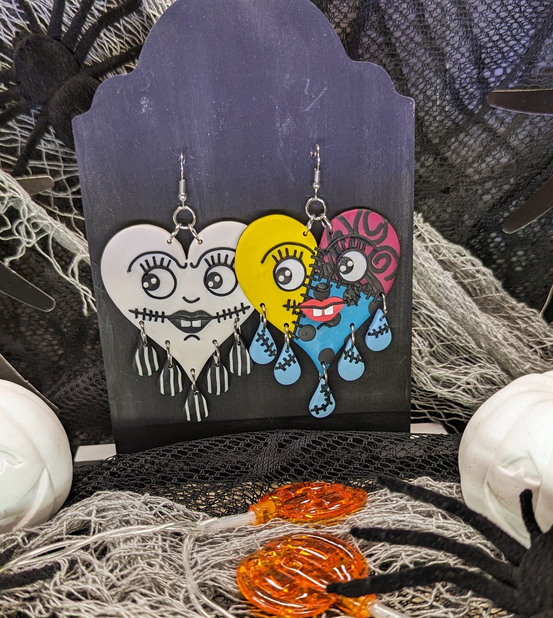 Skeleton/ Zombie/ Goofy Heart Earrings/ Polymer Clay/ Crying Heart ...