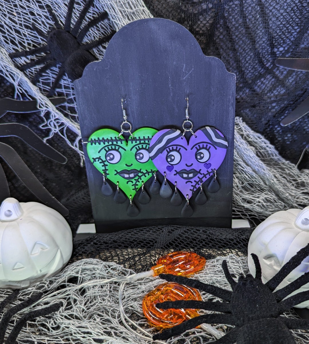 Green & Purple Monster Goofy Heart Earrings/ Polymer Clay/ - Etsy