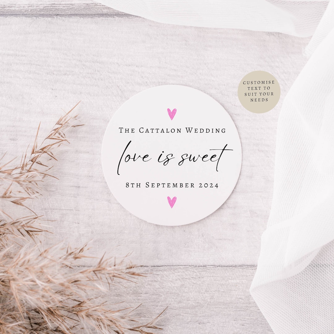 Love is Sweet Wedding Sticker Sheet Various Sizes Personalised Round ...