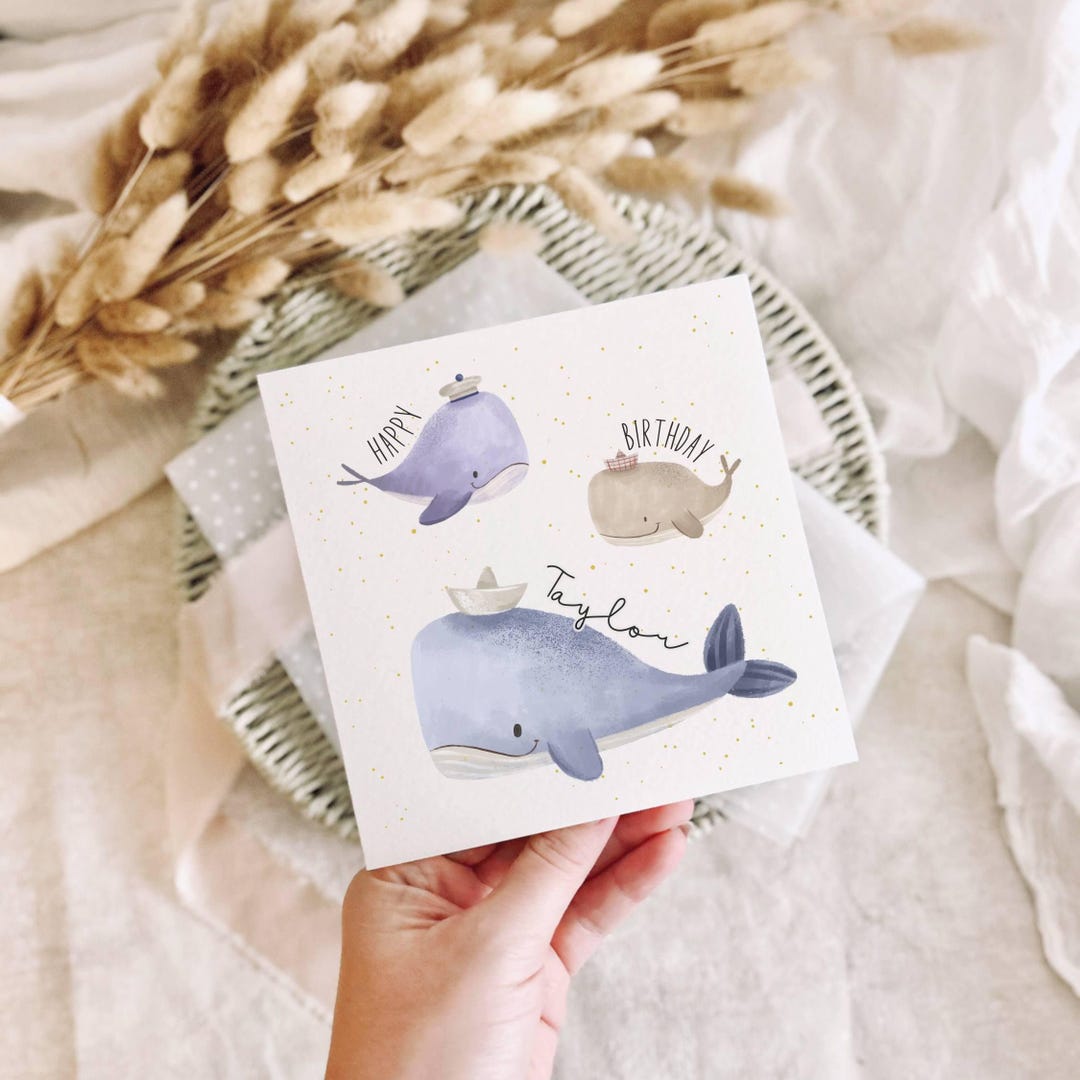 Personalised Whale Birthday Card for Kids, Custom Name Nautical Theme ...