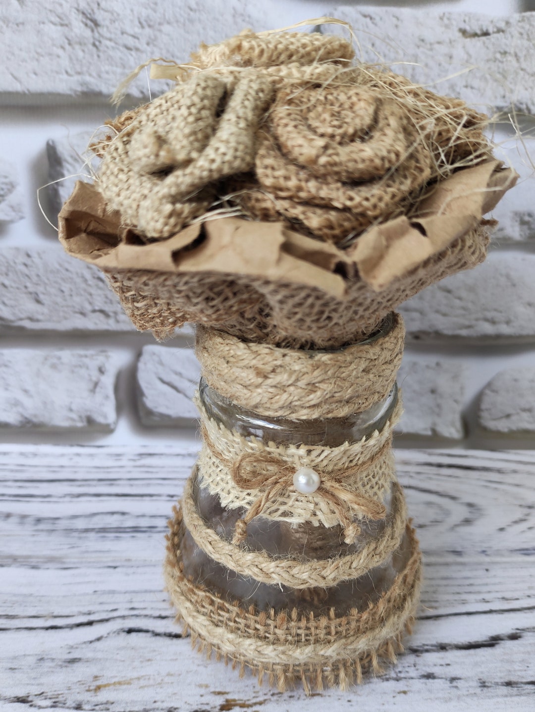 Burlap Flowers Arrangement Rustic Burlap Roses Bouquet Farmhouse Table ...