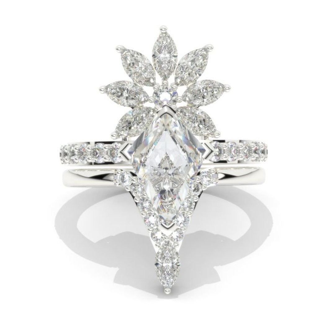Kite Shape Diamond Ring Set, Vintage Bridal Ring Set, Crown Style Ring ...