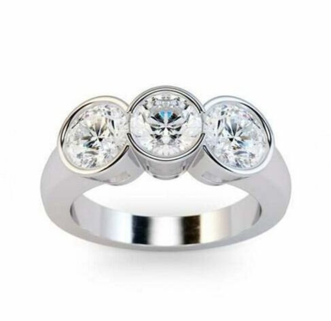 Three Stone Ring, Bezel Set Engagement Ring, 3 Ct Round Cut Moissanite ...