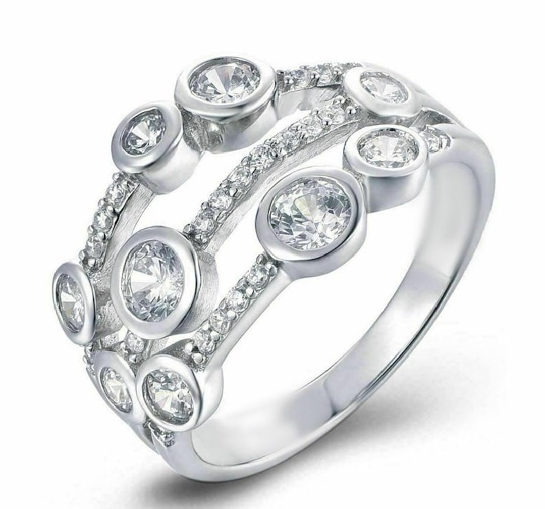 Bubble Bezel Set Ring, Three Row Diamond Scatter Ring, Raindance Style ...
