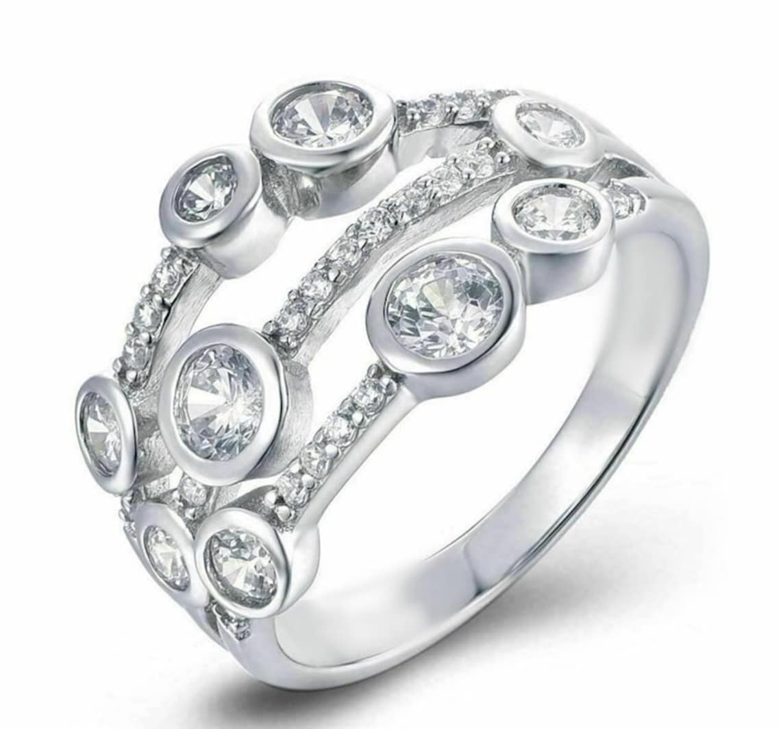 Bubble Bezel Set Ring, Three Row Diamond Scatter Ring, Raindance Style ...