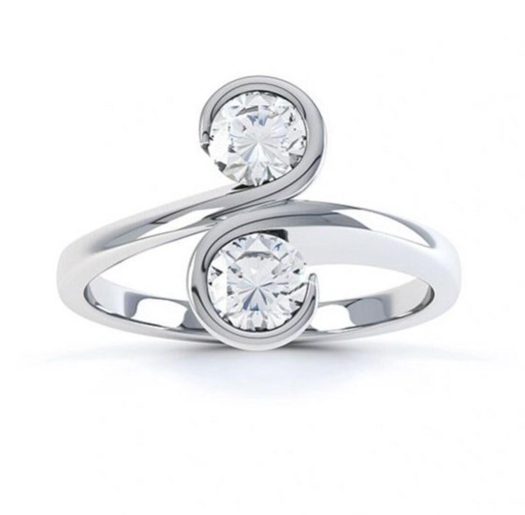 Two-stone Engagement Ring, Swirl Wedding Ring, Round Moissanite Diamond ...
