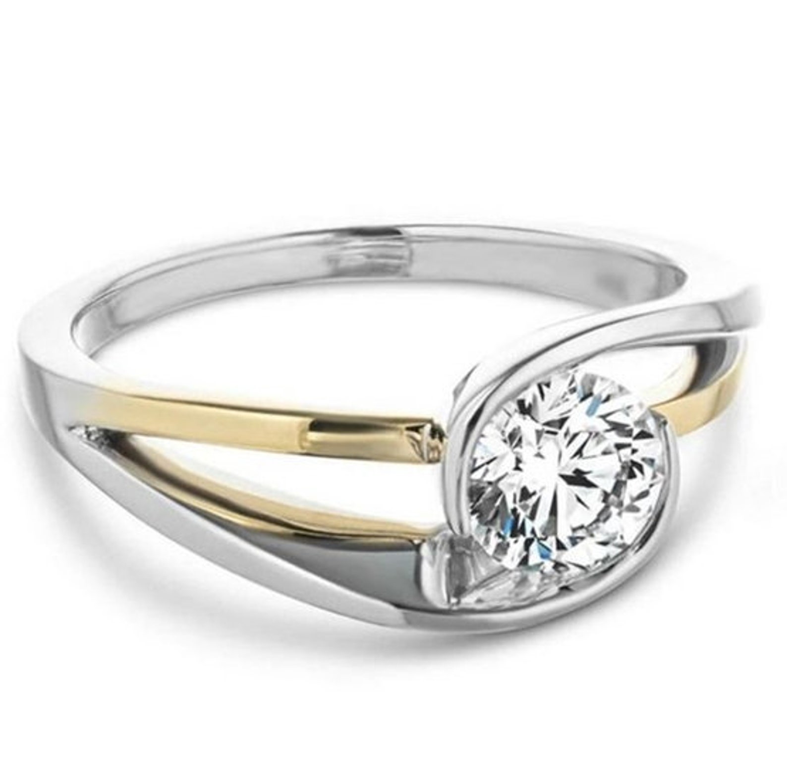 Two Tone Swirl Ring, Bezel Set Moissanite Ring, 1.5 Ct Round Cut ...