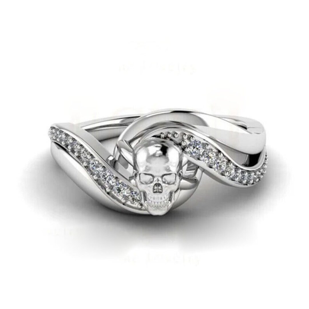 Swirl Gothic Skull Wedding Ring, Bypass Gothic Ring, Gothic Ring, Round Cut Moissanite ...