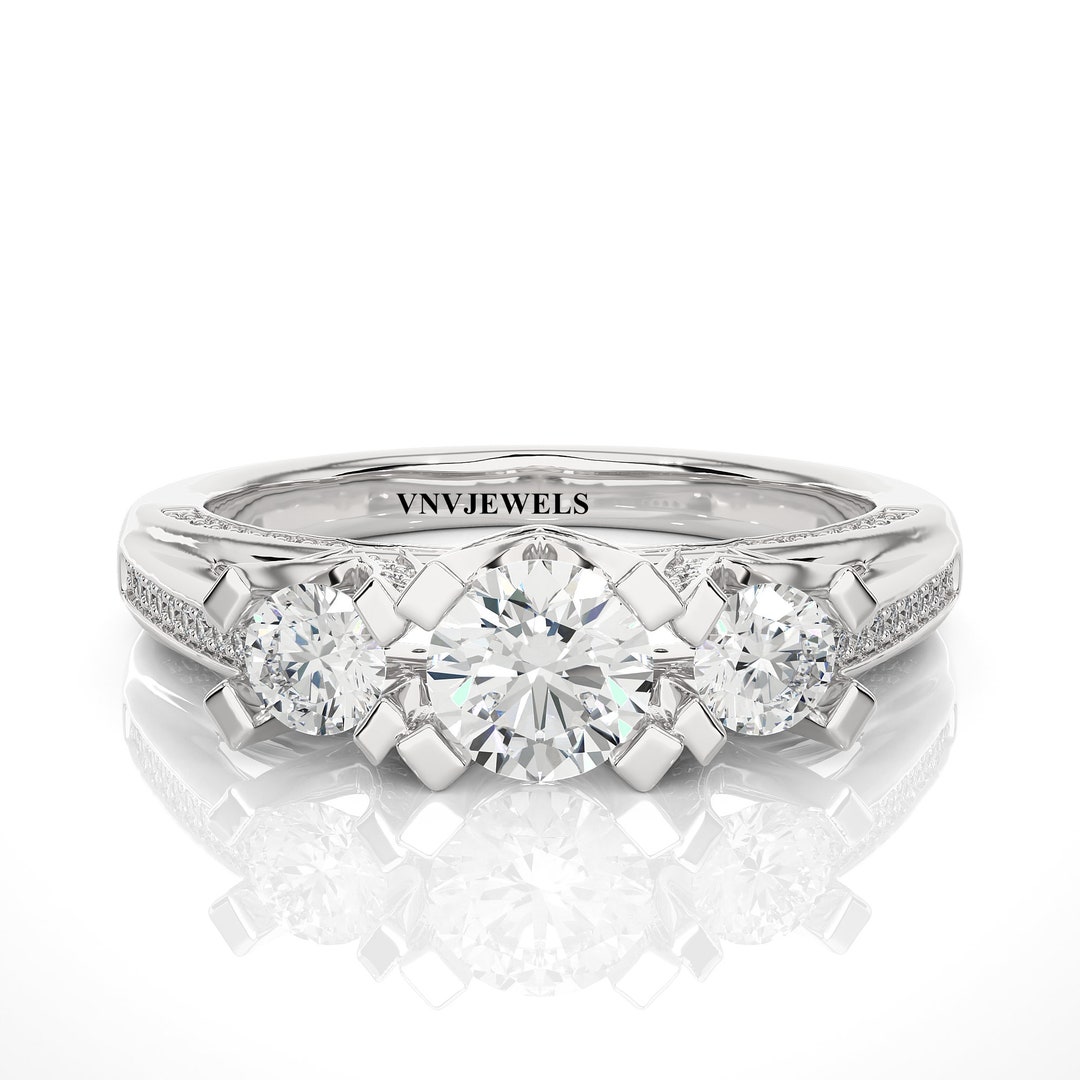 Trilogy Lab Grown Engagement Ring, Scalloped Diamond Ring, Solitaire ...