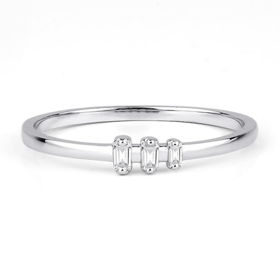 Vertical Rectangle Three Stone Baguette Cut Moissanite Ring, Minimalist ...