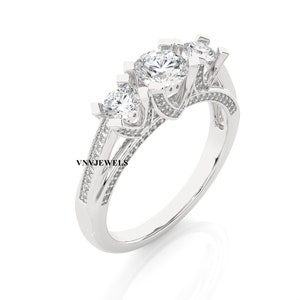 Trilogy Lab Grown Engagement Ring, Scalloped Diamond Ring, Solitaire ...