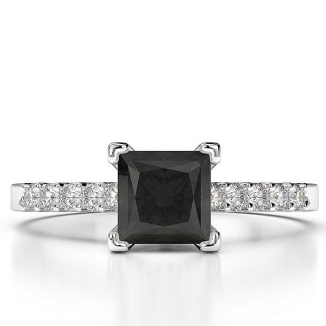 Black Diamond Engagement Ring, V Shape Prong Set Ring, 2.50 Ct Princess ...