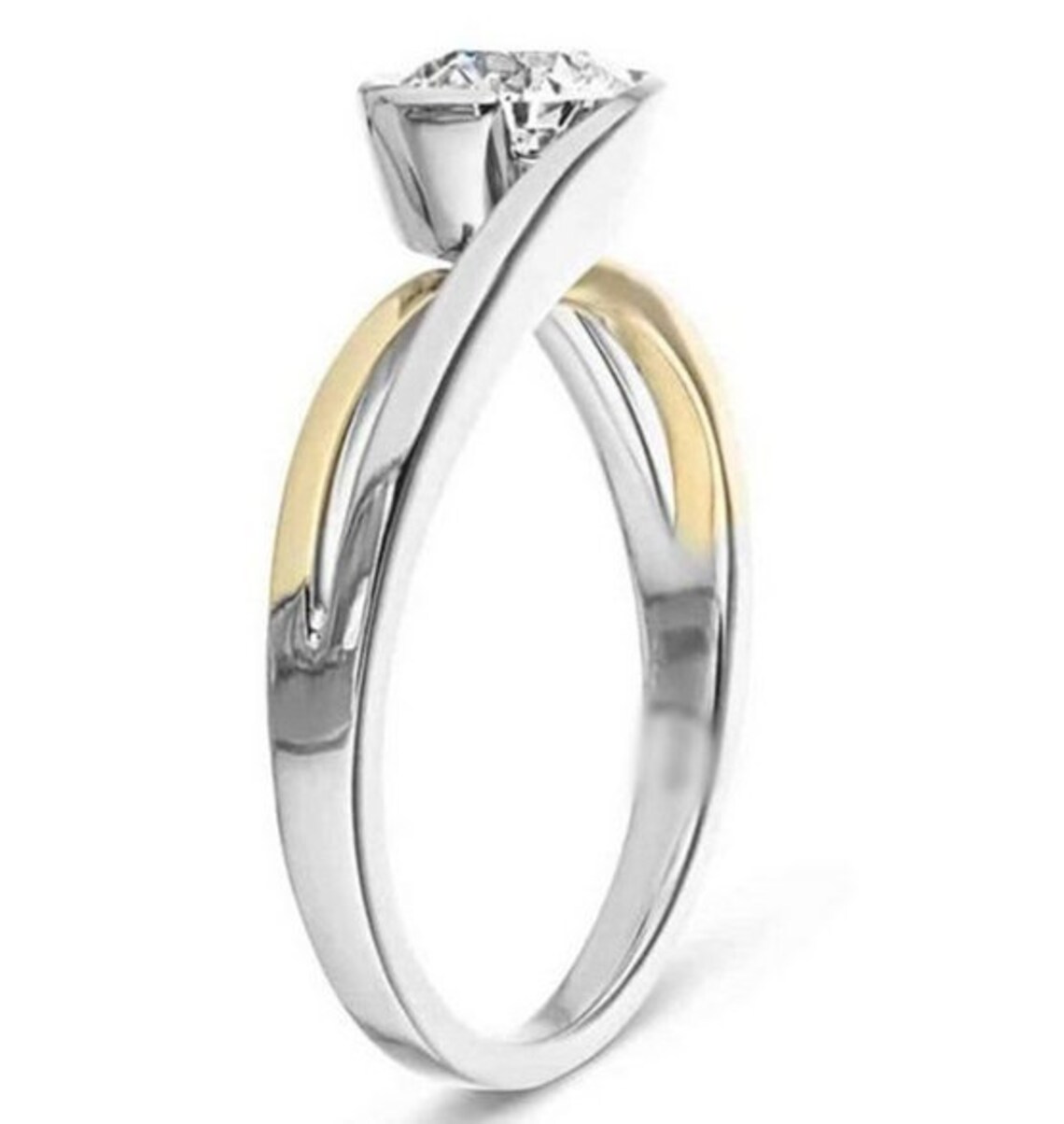 Two Tone Swirl Ring, Bezel Set Moissanite Ring, 1.5 Ct Round Cut ...