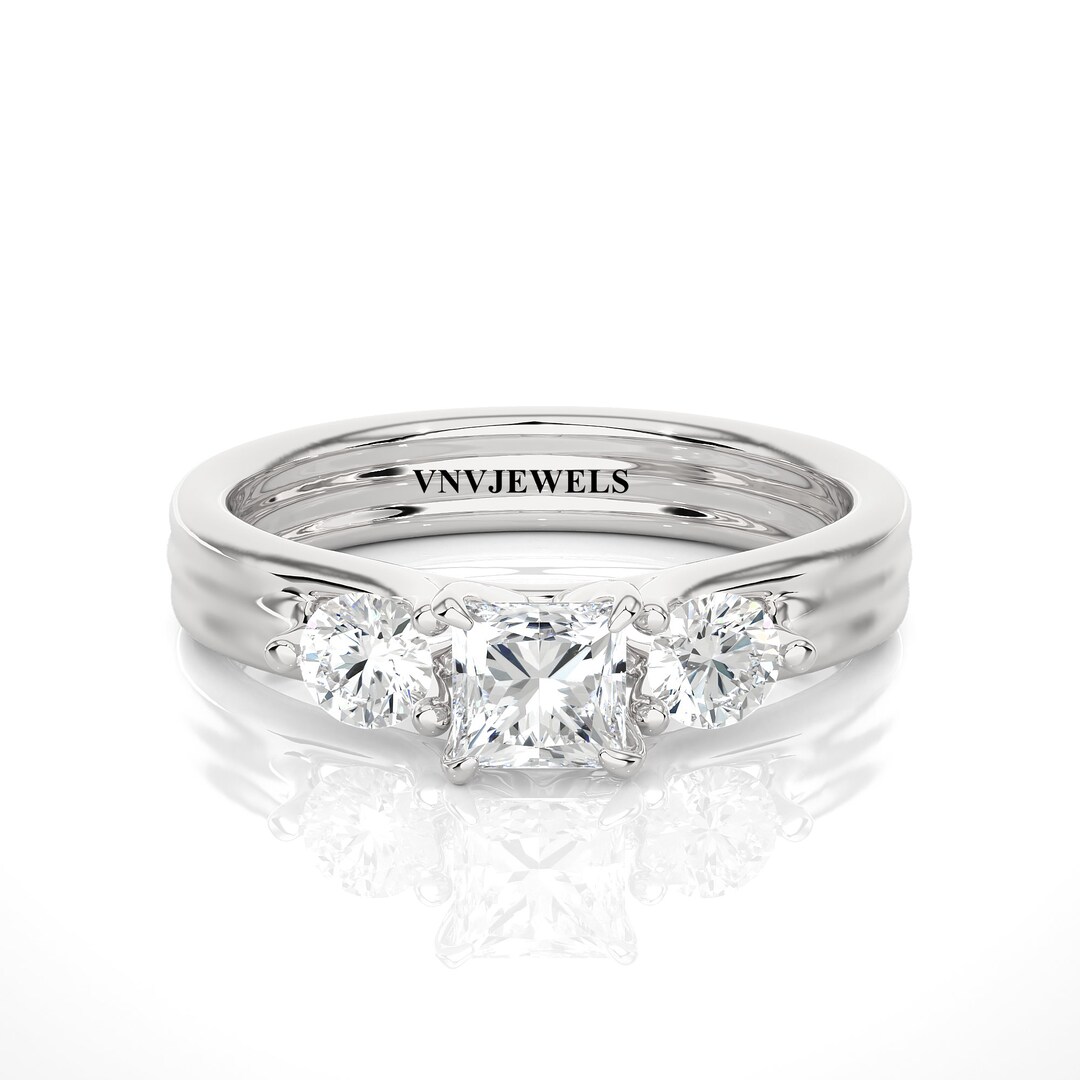 Three Stone Lab Grown Ring, Princess Lab Diamond Ring, Side Round Lab ...