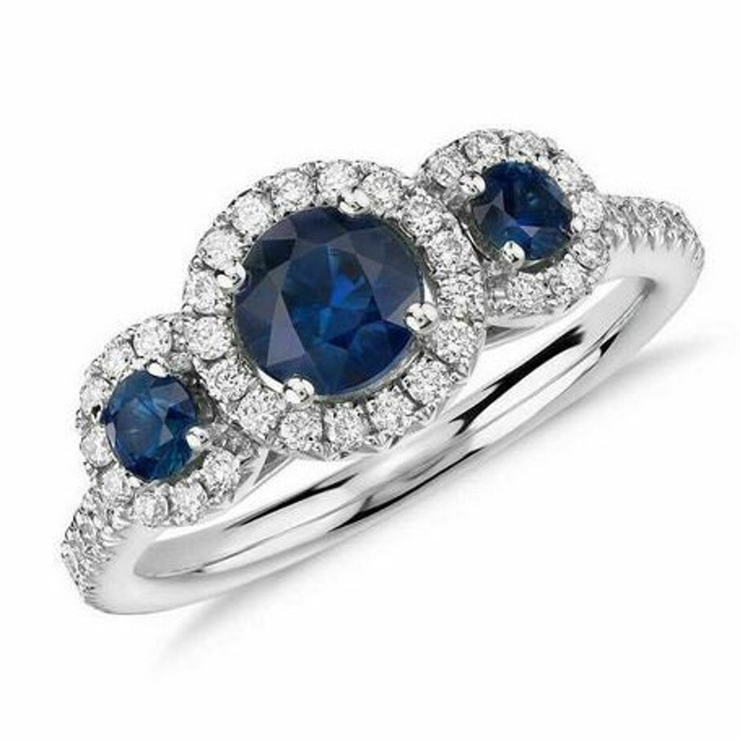 Three Stone Engagement Ring, Halo Diamond Ring, Blue Diamond Three ...