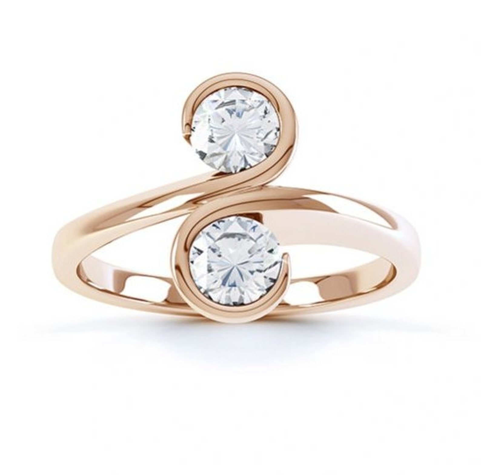 Two-stone Engagement Ring, Swirl Wedding Ring, Round Moissanite Diamond ...