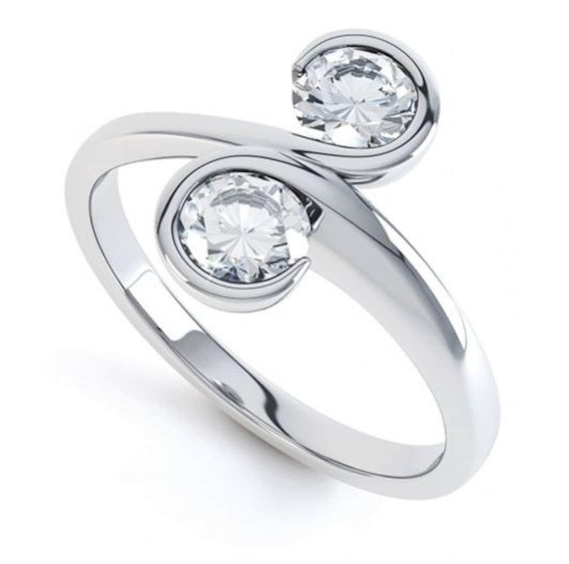 Two-stone Engagement Ring, Swirl Wedding Ring, Round Moissanite Diamond ...