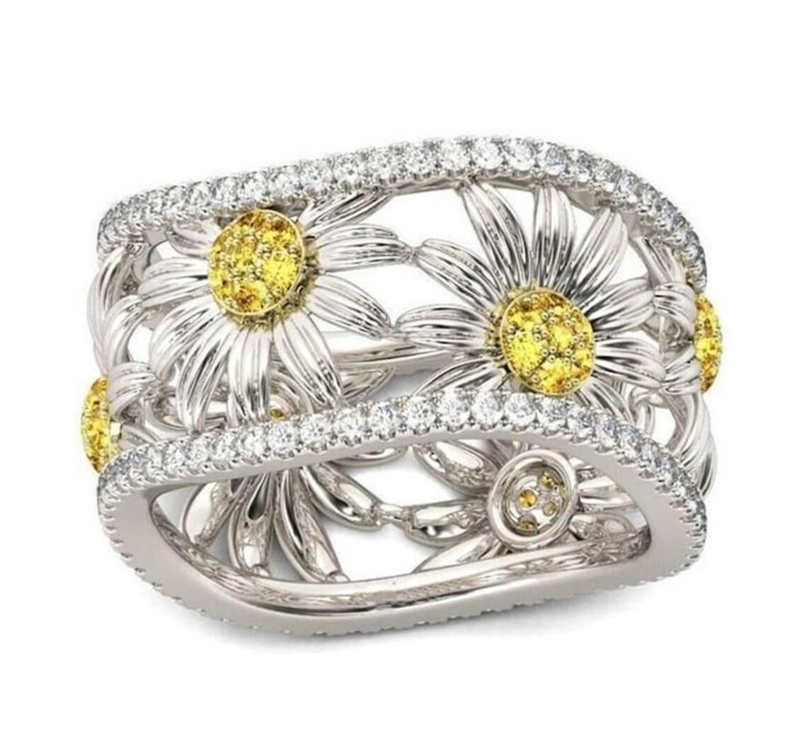 Elegant Daisy Flower Eternity Ring, Yellow & White Round Diamond Ring ...