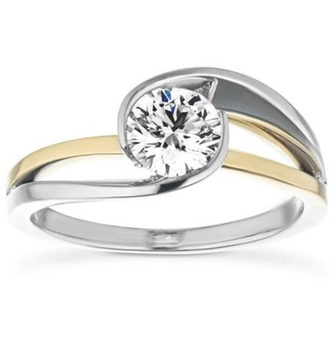 Two Tone Swirl Ring, Bezel Set Moissanite Ring, 1.5 Ct Round Cut ...