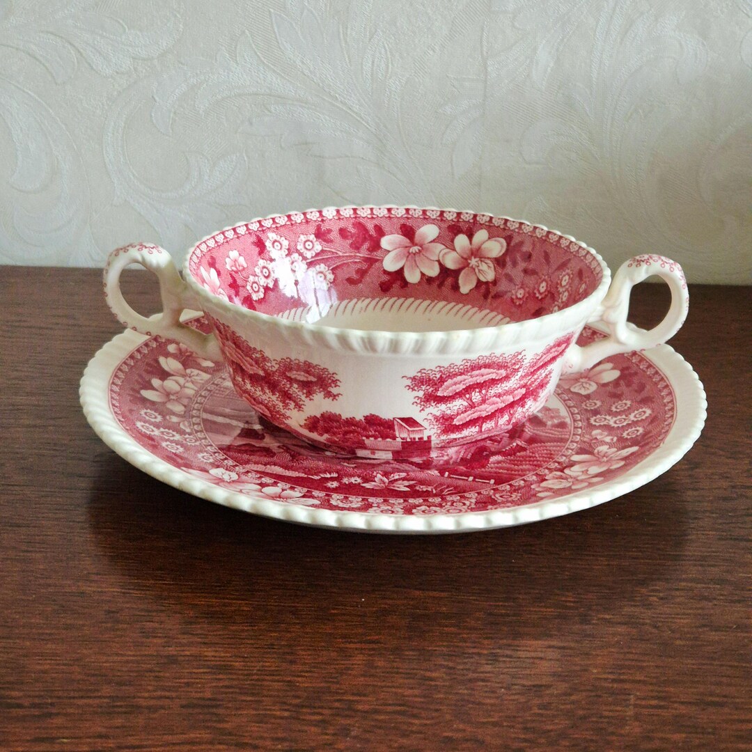 Copeland Spodes England Soup Bowl and Saucer Printed With a Pink Tower ...