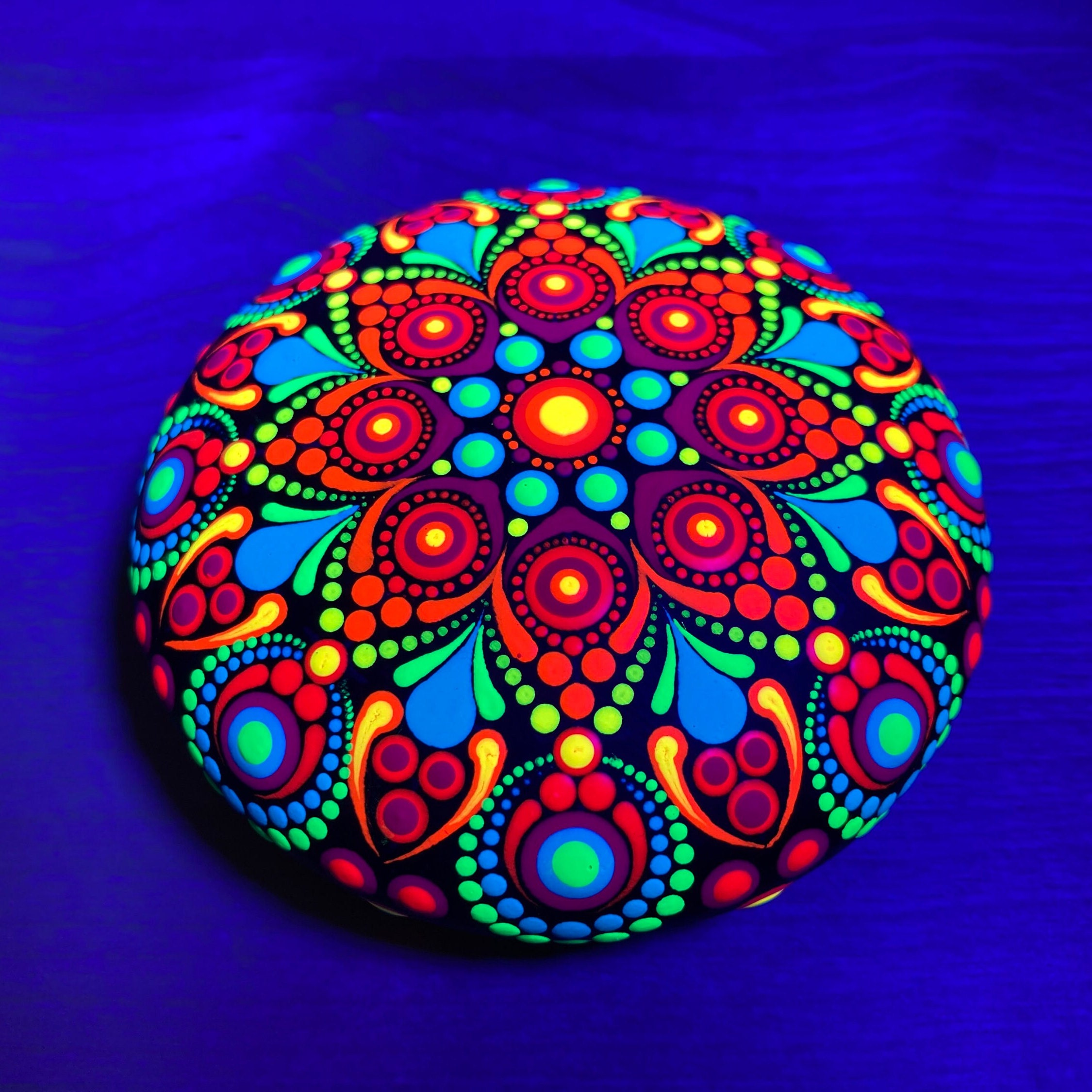 Hand Painted Bright UV Reactive Dot Mandala Rock Fluorescent Painted ...