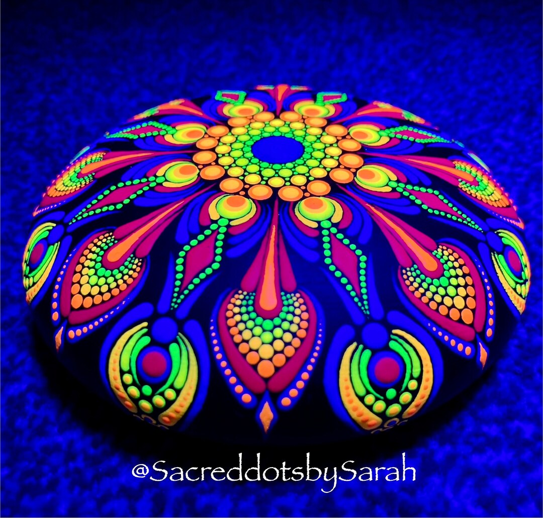 Hand Painted Bright UV Reactive Dot Mandala Rock Fluorescent Painted ...