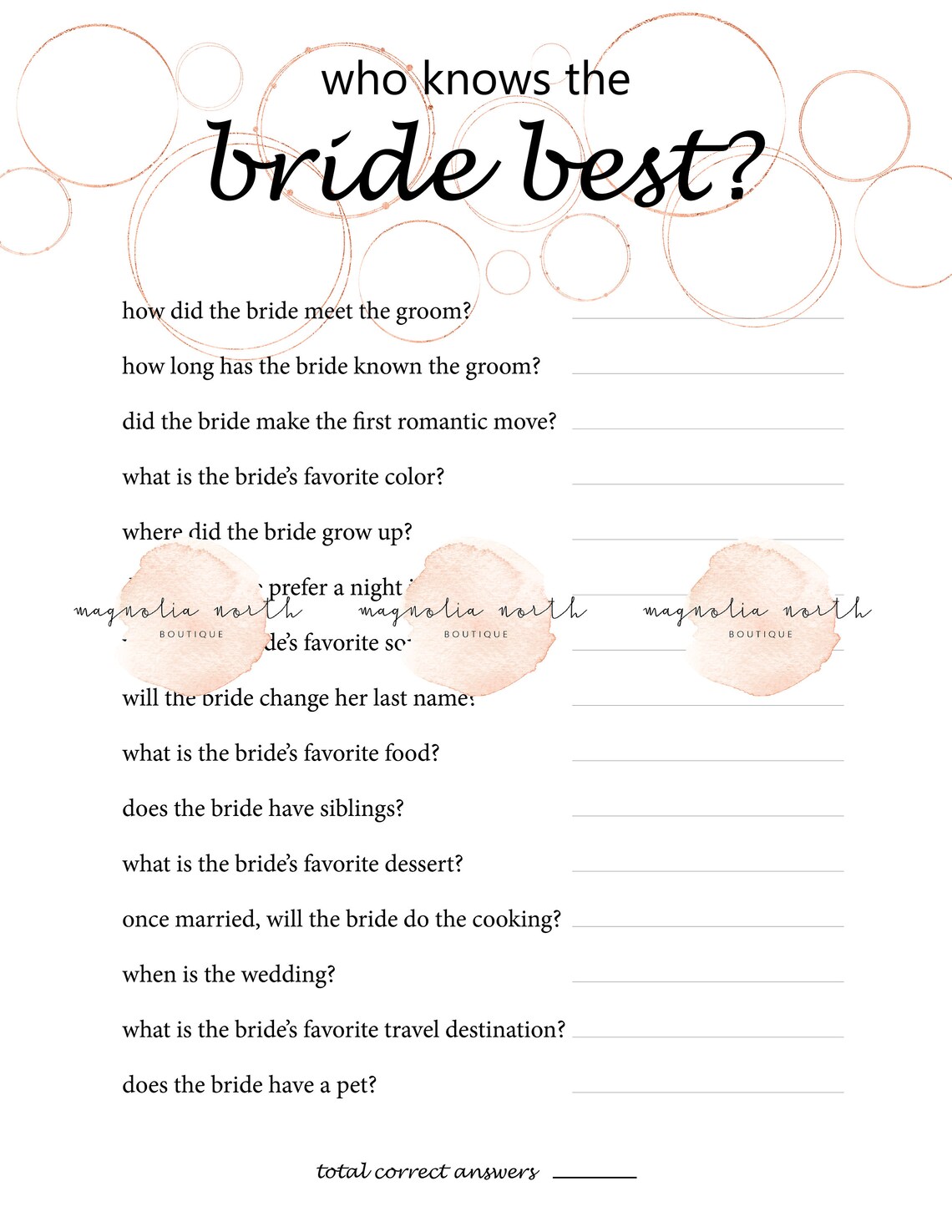 Printable Bridal Party Games Rose Gold Bubbles Design - Etsy