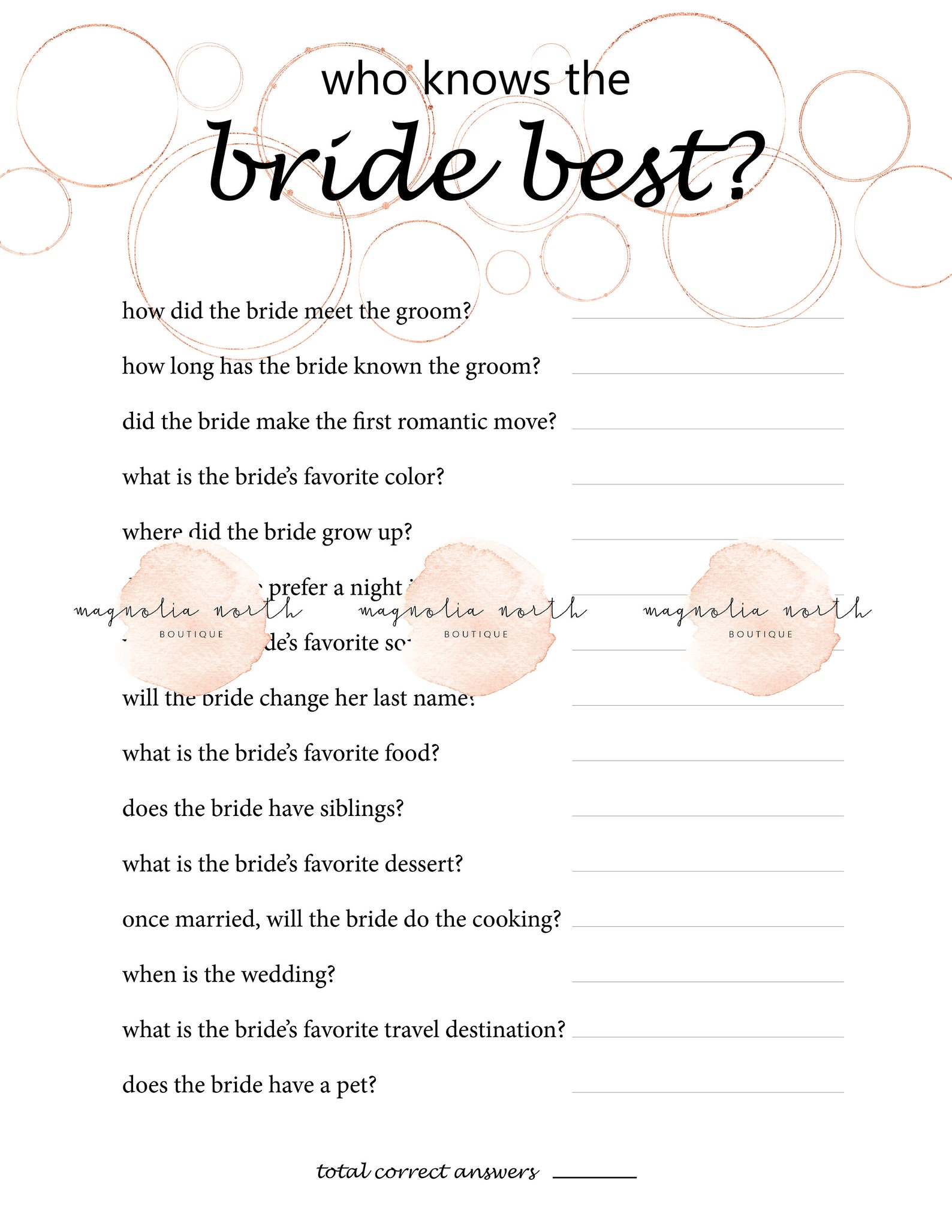 Printable Bridal Party Games Rose Gold Bubbles Design - Etsy