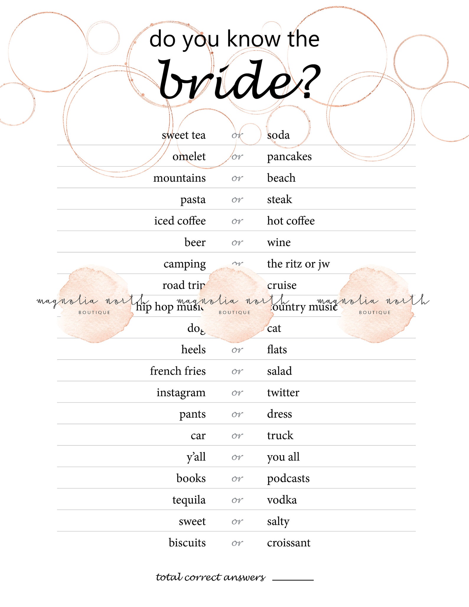 Printable Bridal Party Games Rose Gold Bubbles Design - Etsy