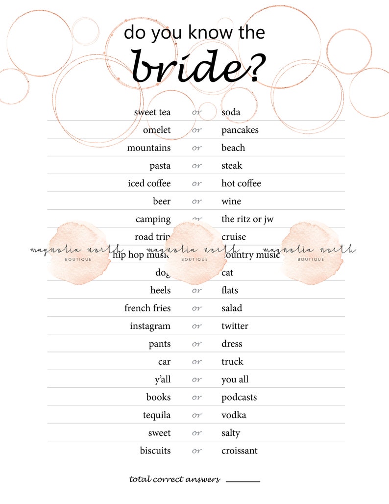 Printable Bridal Party Games Rose Gold Bubbles Design - Etsy