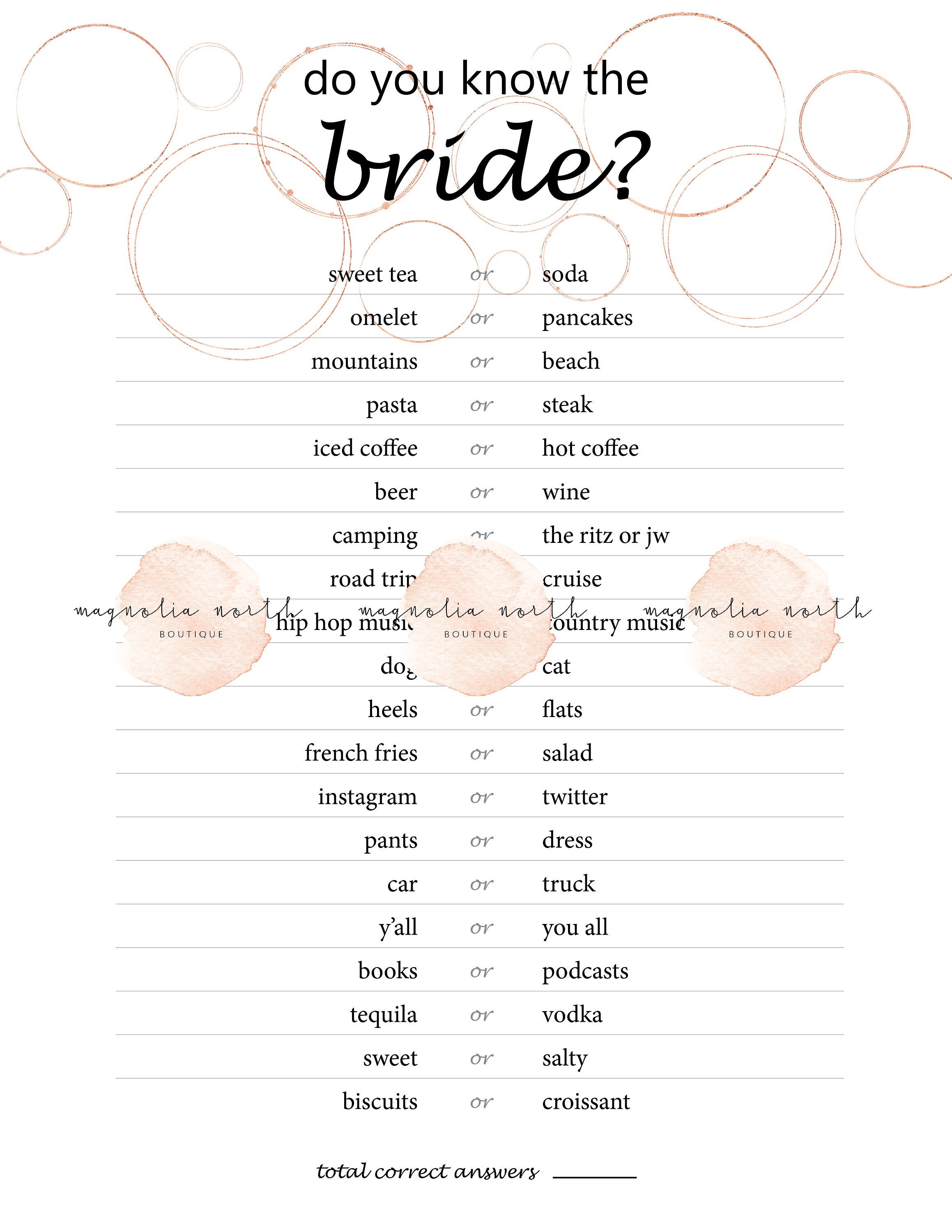 Printable Bridal Party Games Rose Gold Bubbles Design - Etsy