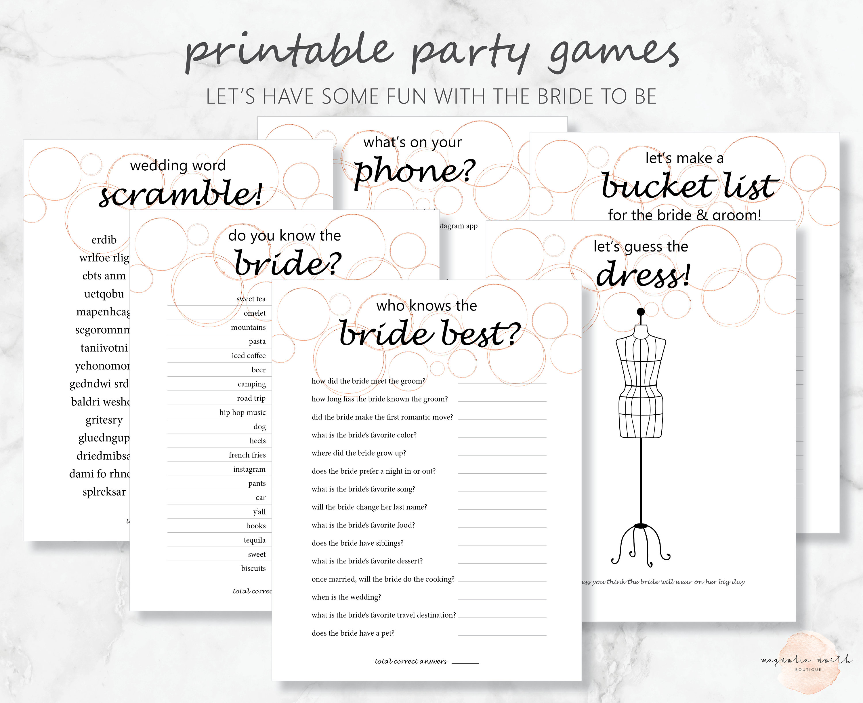 Printable Bridal Party Games Rose Gold Bubbles Design - Etsy