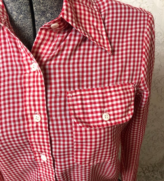 Vintage 1960s Red Gingham Checkered Button Down Top - Gem