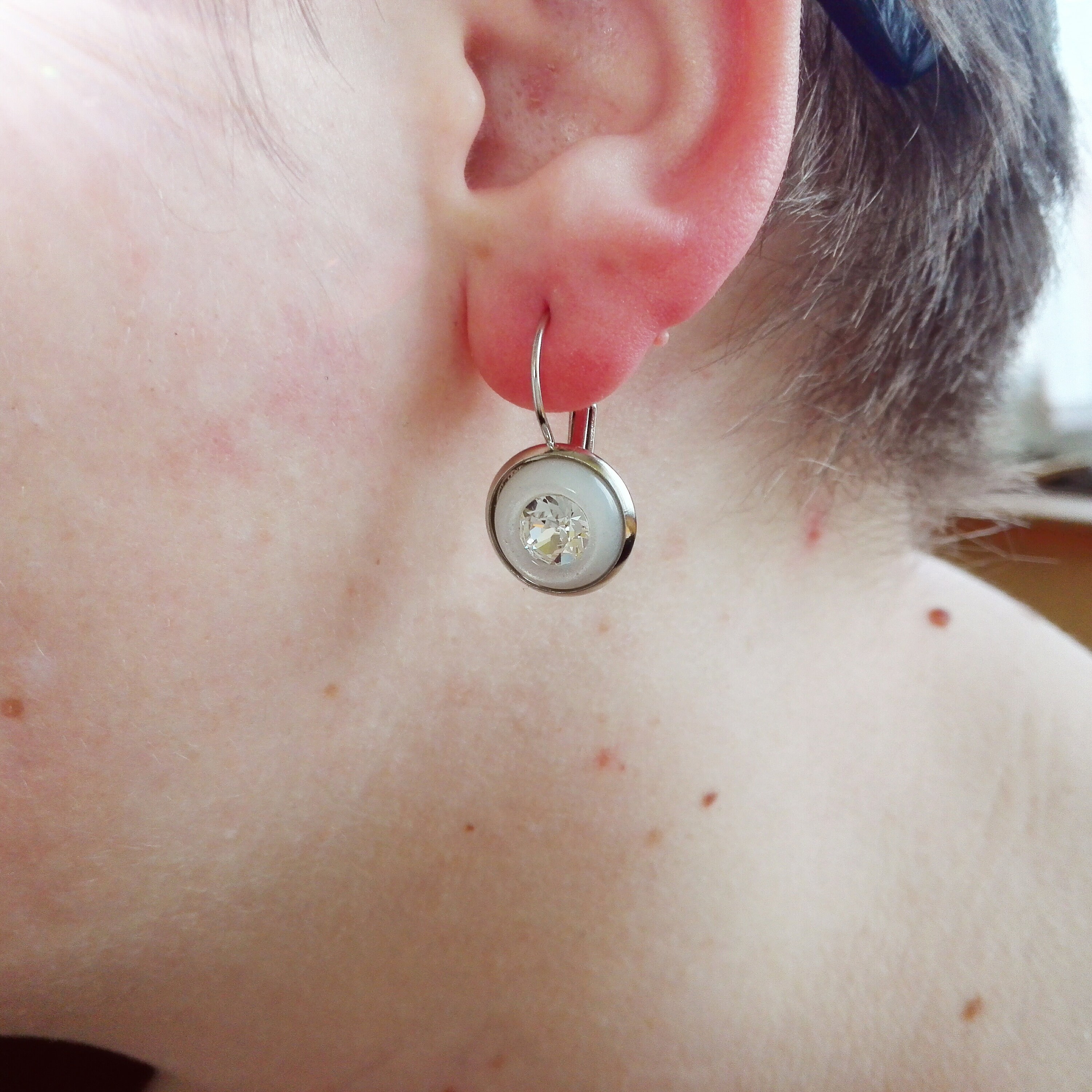 White Stainless Steel Folding Earrings With Polaris-swarovski Cabochon ...