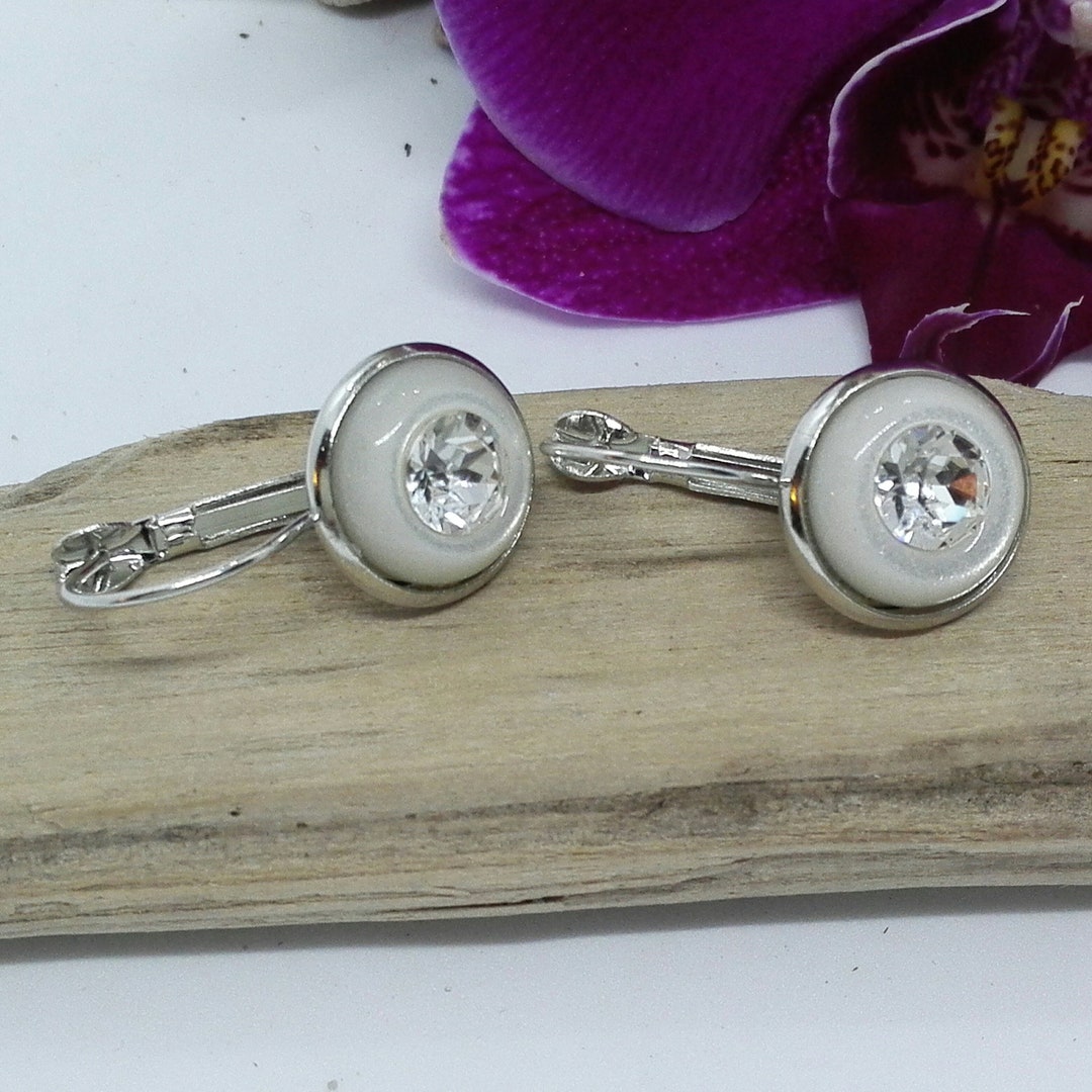 White Stainless Steel Folding Earrings With Polaris-swarovski Cabochon ...