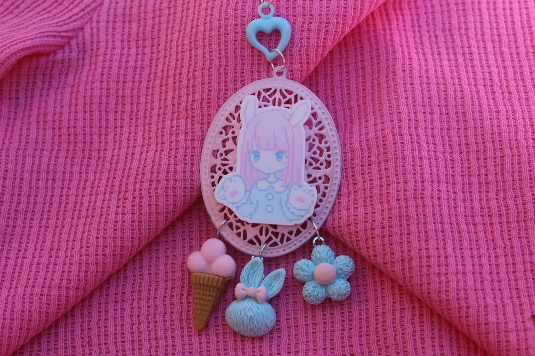 16-bit Kawaii Anime Chibi Bunny Necklace, Pastel Goth Bunny Cabochon ...