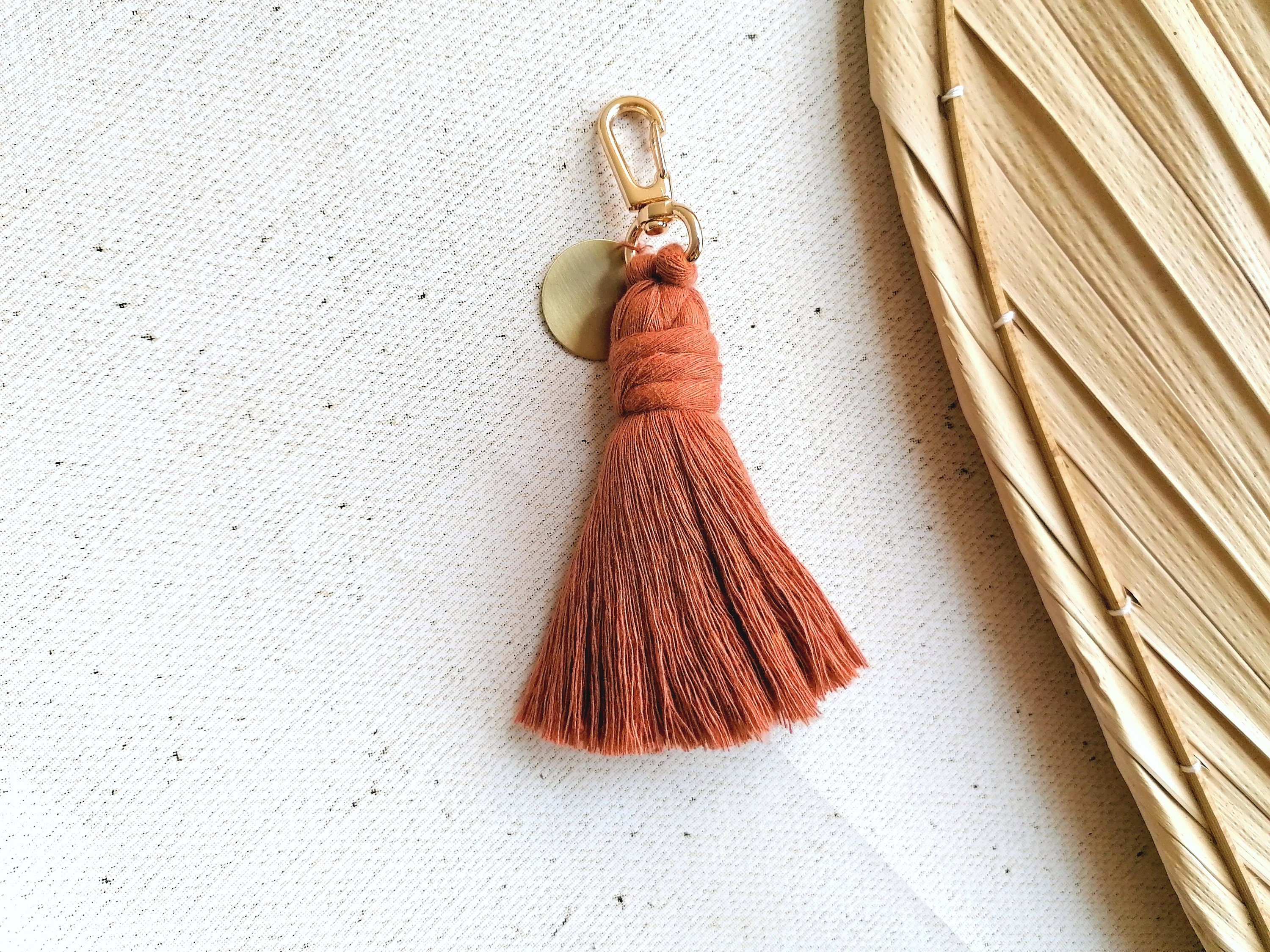 Macrame keychain Tassel with metal plates | Etsy