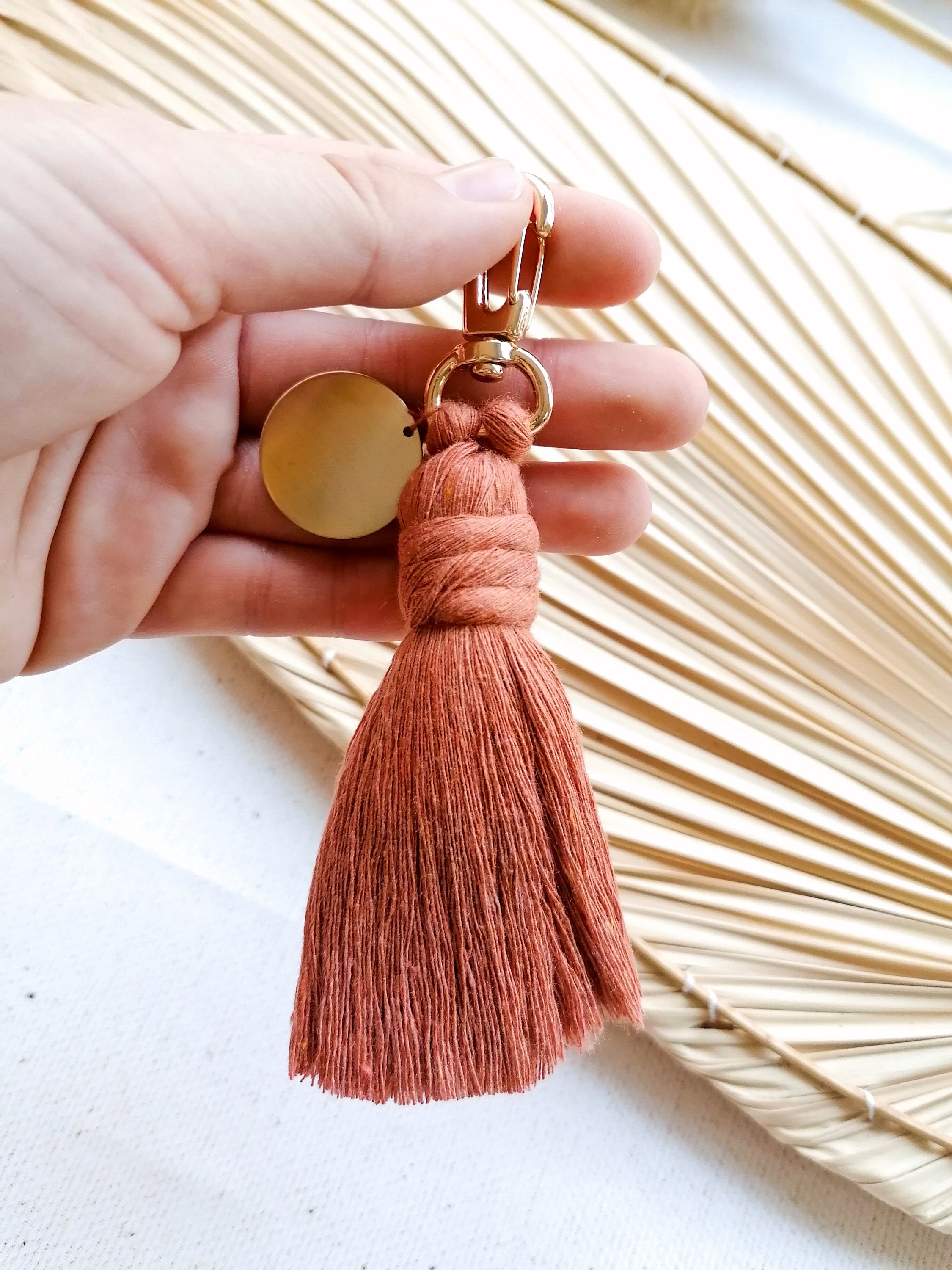 Macrame keychain Tassel with metal plates | Etsy