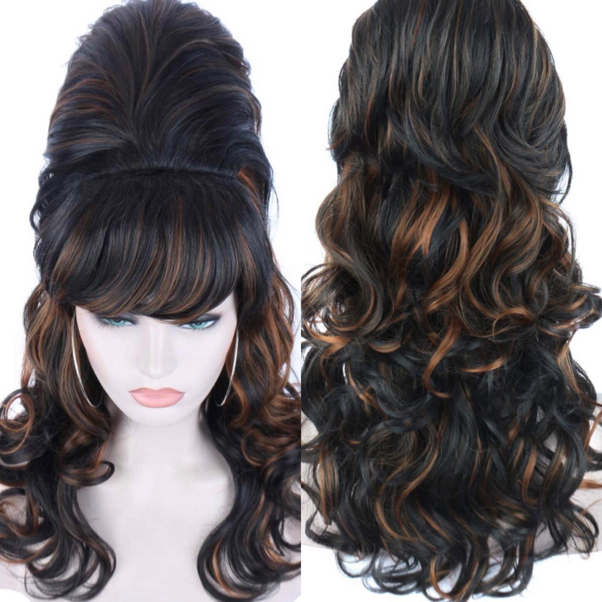 Black W/ Highlights Stylish 60’s Retro Beehive Hair Full Cap Wig *new ...