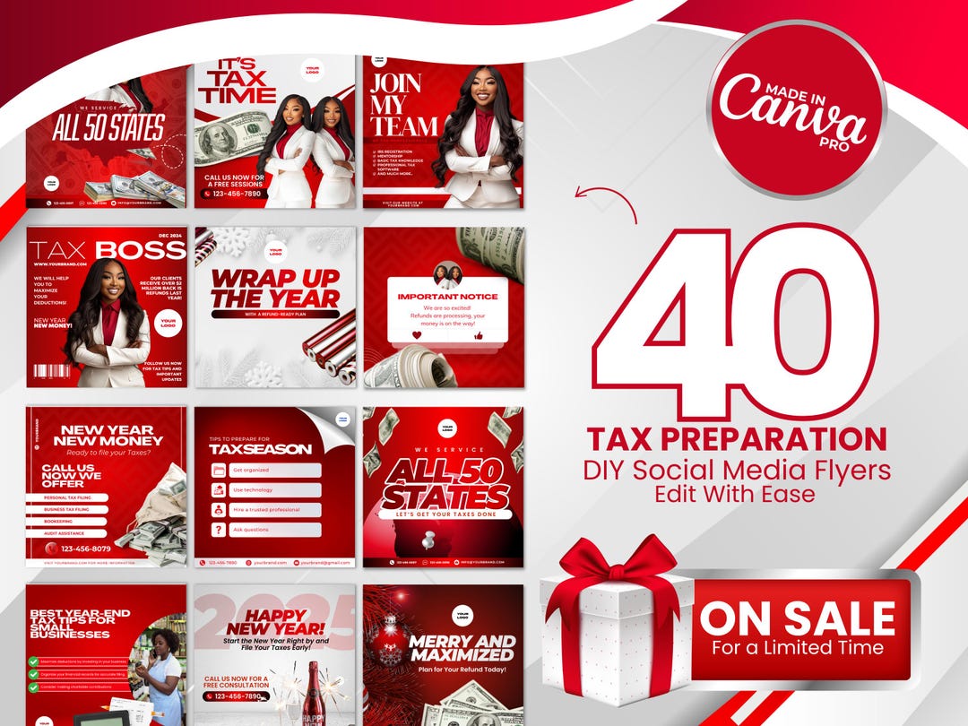 40 Red Taxmas Flyers, Canva Holiday Tax Flyer Template Bundle, Editable ...