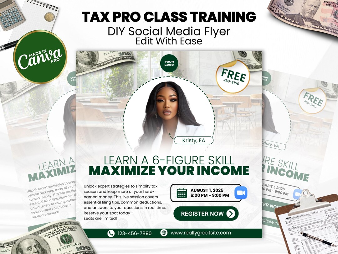 Tax Class Flyer Canva Template | Learn a 6 Figure Skill Maximize Your ...