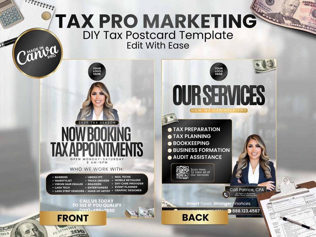 Tax Now Booking Postcard Canva Template | Now Booking Tax Appointments ...