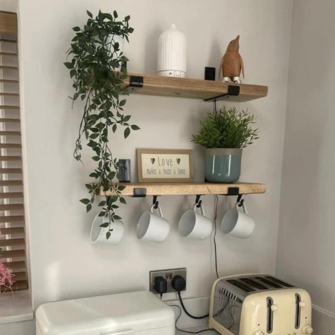 Rustic Shelf WITH HOOKS - Handmade Using Solid Wood | Wooden Shelving ...