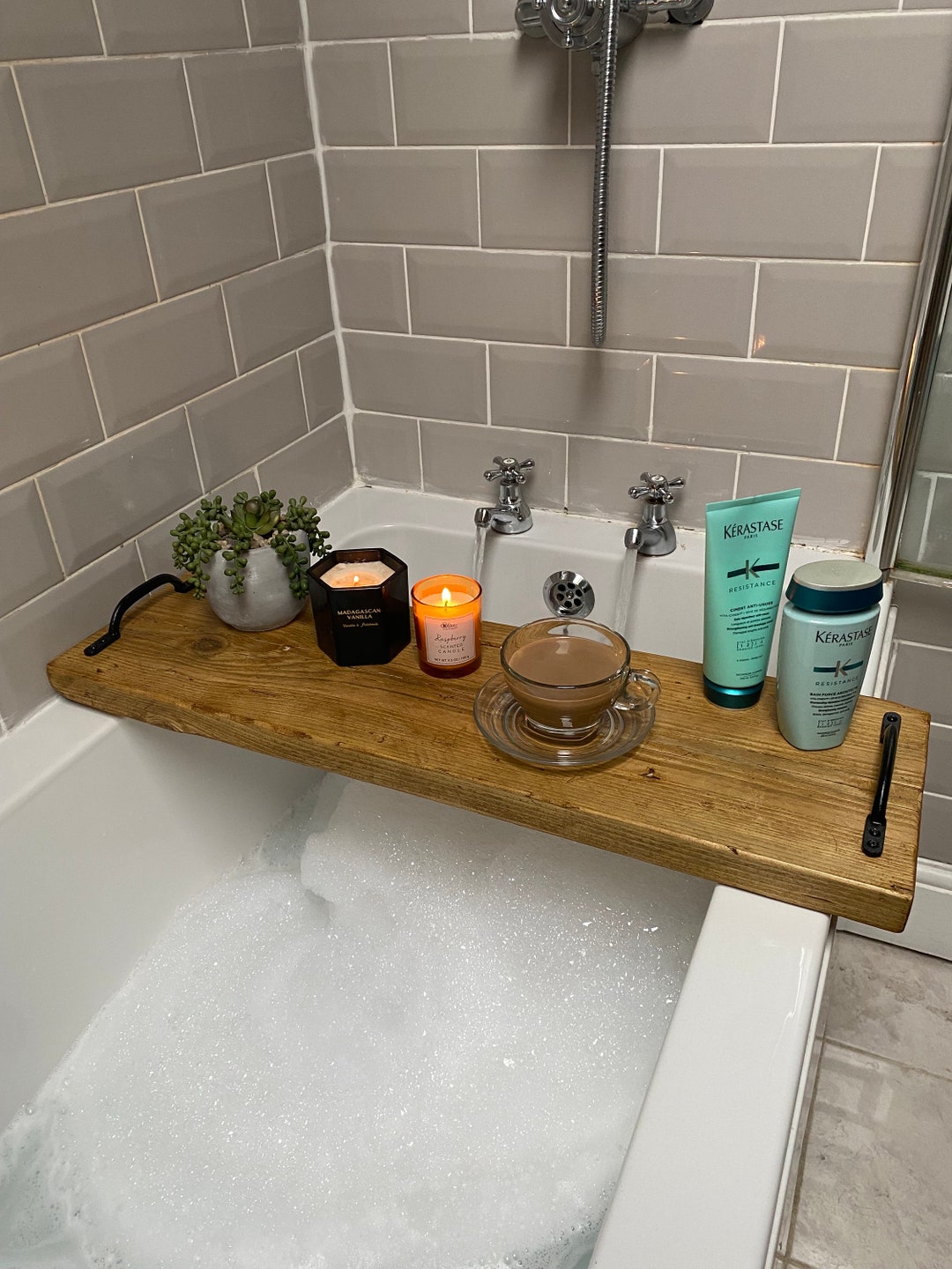 Rustic Reclaimed Wooden Bath Caddy | Handmade Bath Tray With Black Cast ...