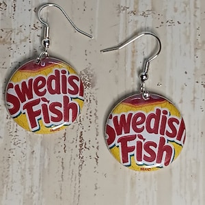 Recycled Swedish Fish Candy Wrapper Snack Size Dangle Button Earrings ...