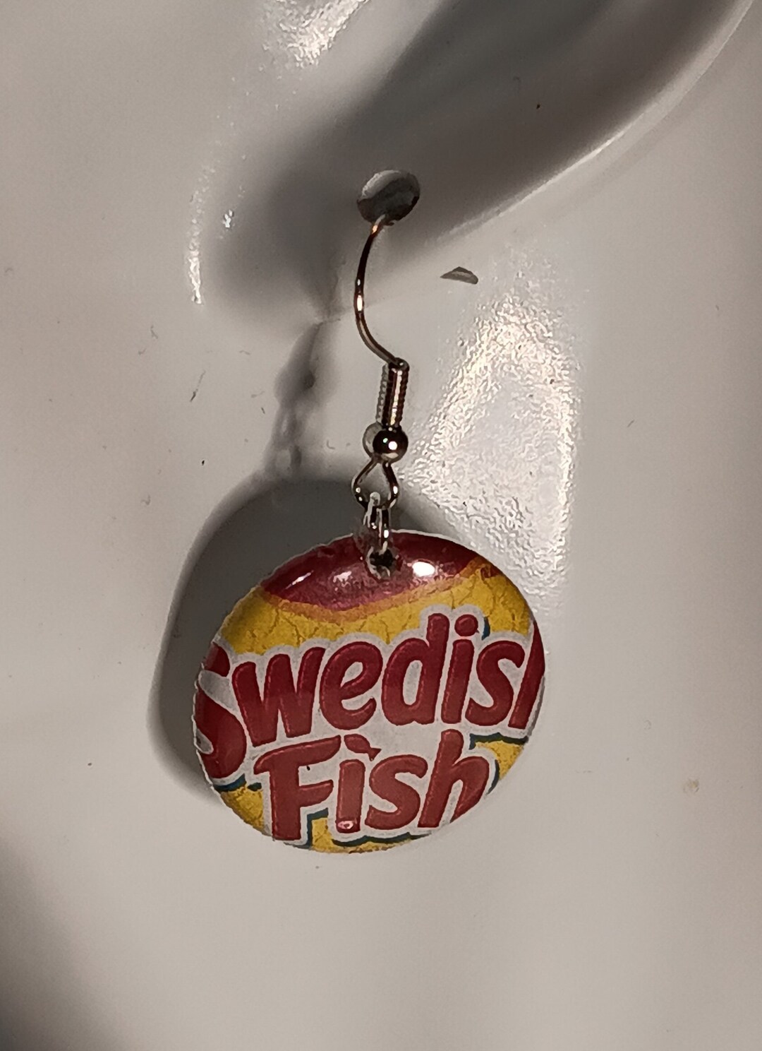 Recycled Swedish Fish Candy Wrapper Snack Size Dangle Button Earrings ...