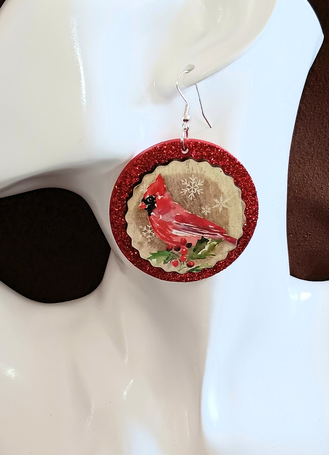 Large Round Flat Red Glitter Cardinal Red Bird Christmas Holiday Wood ...