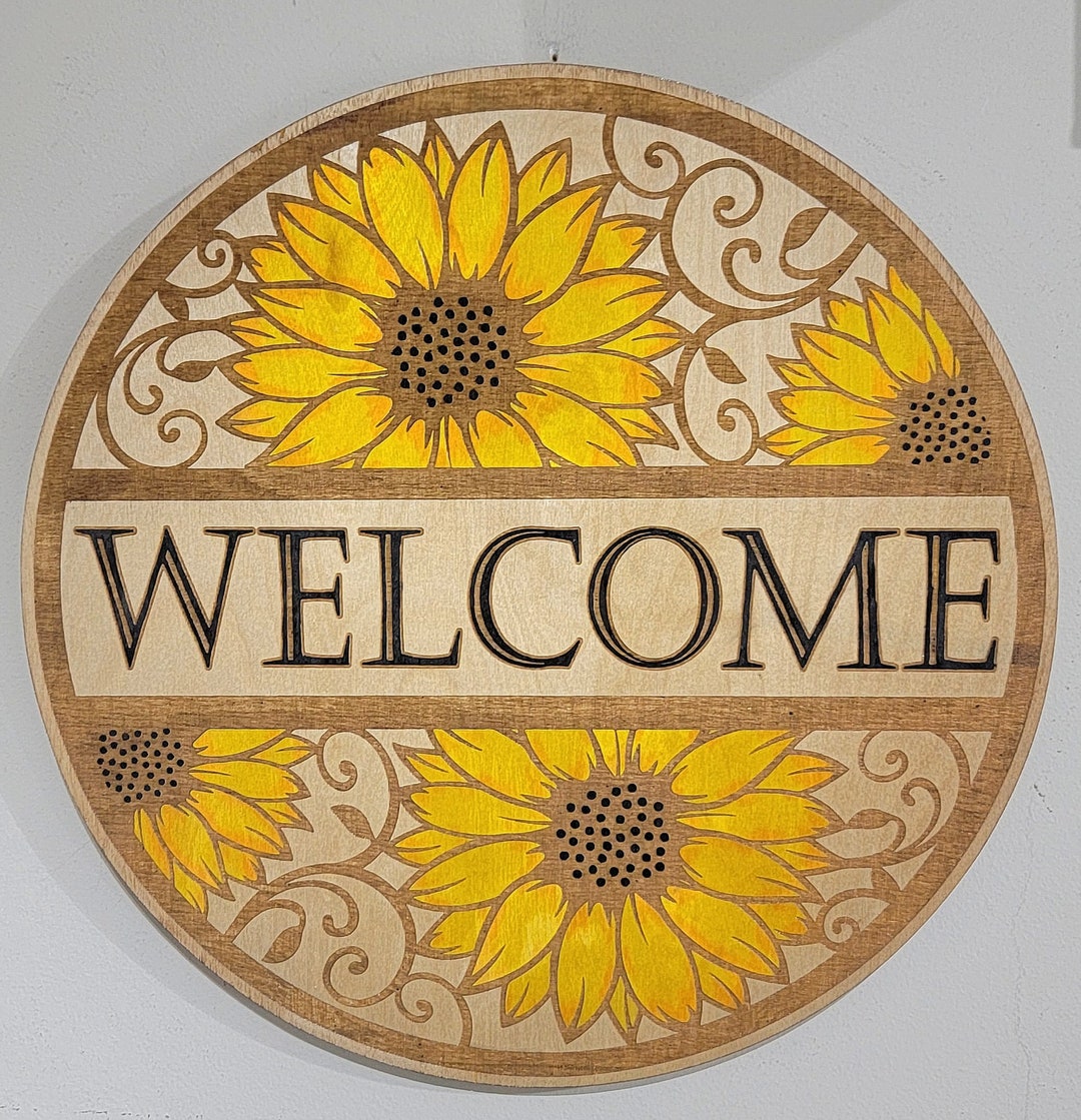 Laser Engraved Sunflower Welcome Sign: Hand-painted Wooden Door Hanger ...