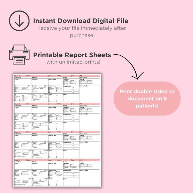Nurse 4 Patient Report Sheet Printable PDF Template Nurse Brain Medsurg ...