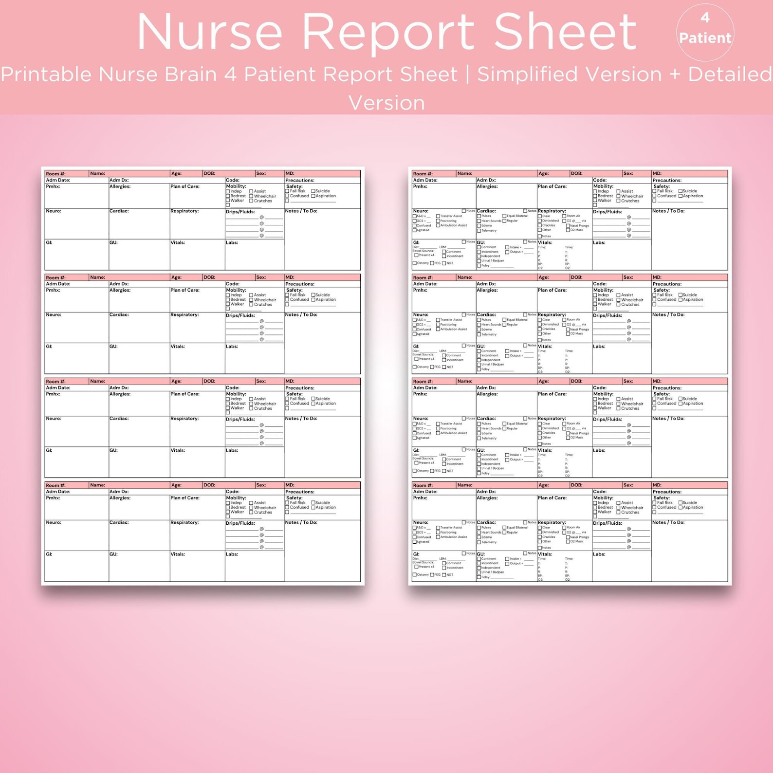 Nurse 4 Patient Report Sheet Printable PDF Template Nurse Brain Medsurg ...
